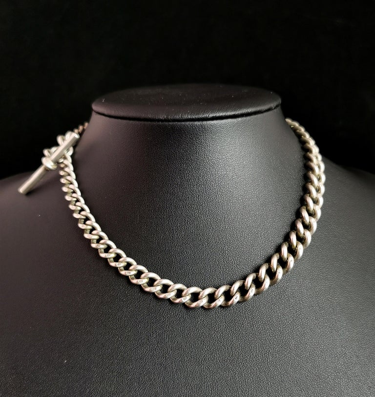 Antique Sterling Silver Curb Link Albert Chain, Watch Chain, Heavy ...