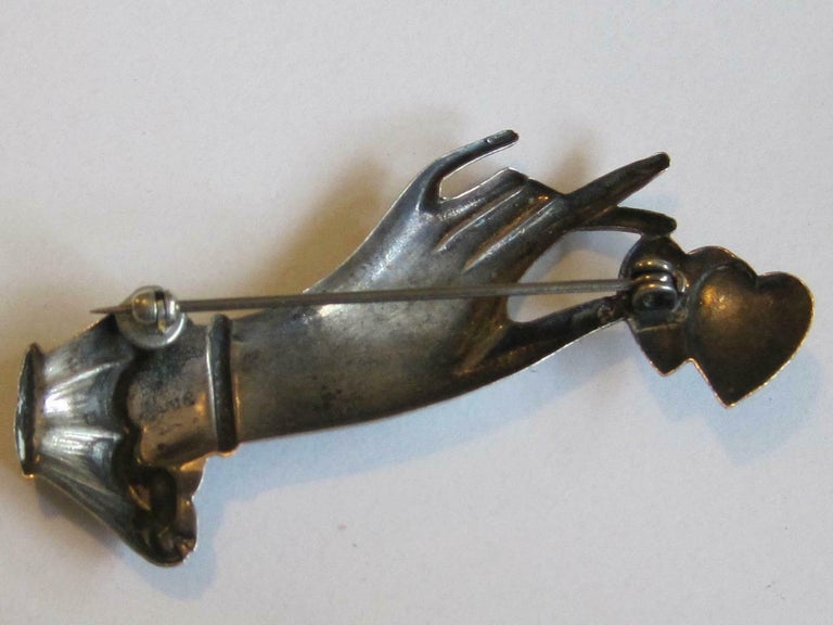 Antique Sterling Silver Hand and Hearts Brooch Pin at 1stDibs