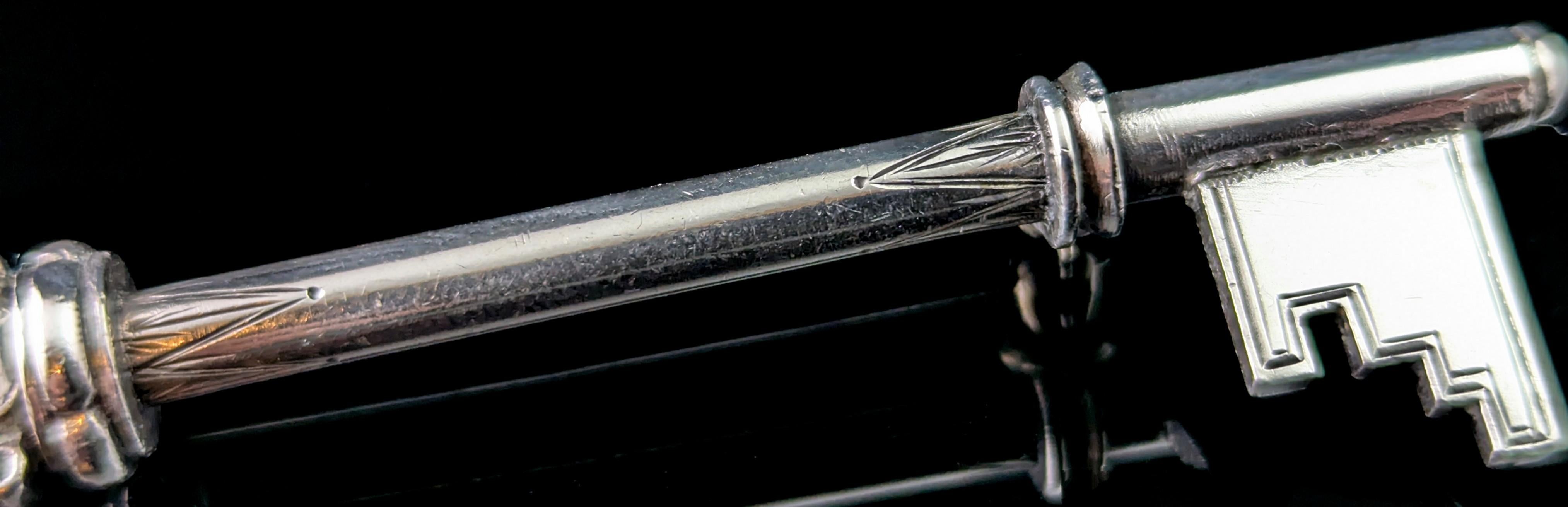 Antique sterling silver key brooch, presentation key For Sale at 1stDibs