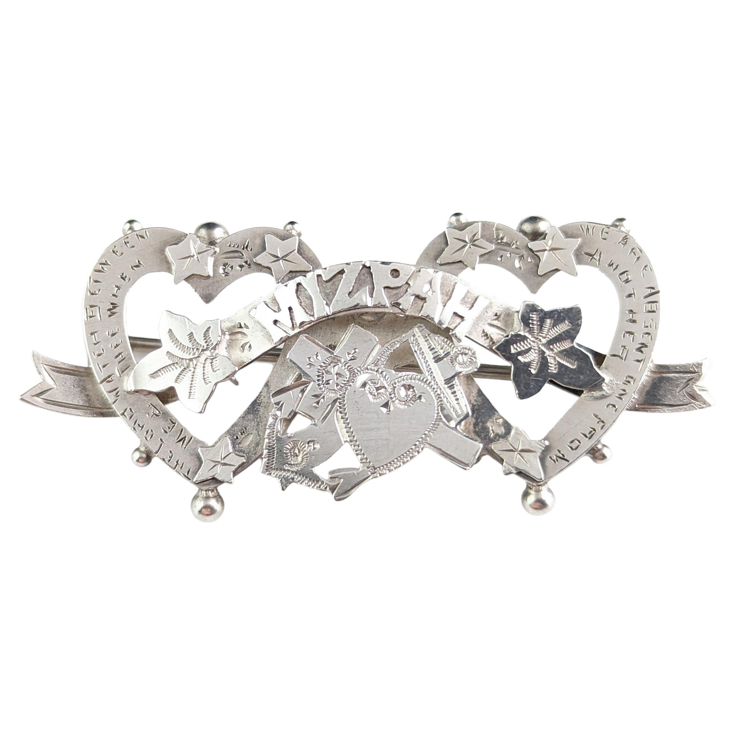 Antique Silver Mizpah Brooch, Double Heart, Faith, Hope and Charity ...
