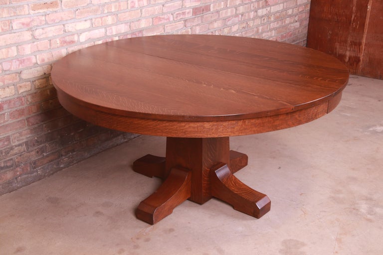 Antique Stickley Arts and Crafts Oak Pedestal Dining Table with Seven ...