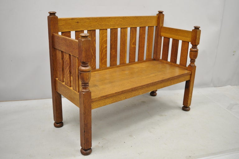Antique Stickley Brothers Quaint Furniture Oak Slat Back Hall Bench ...