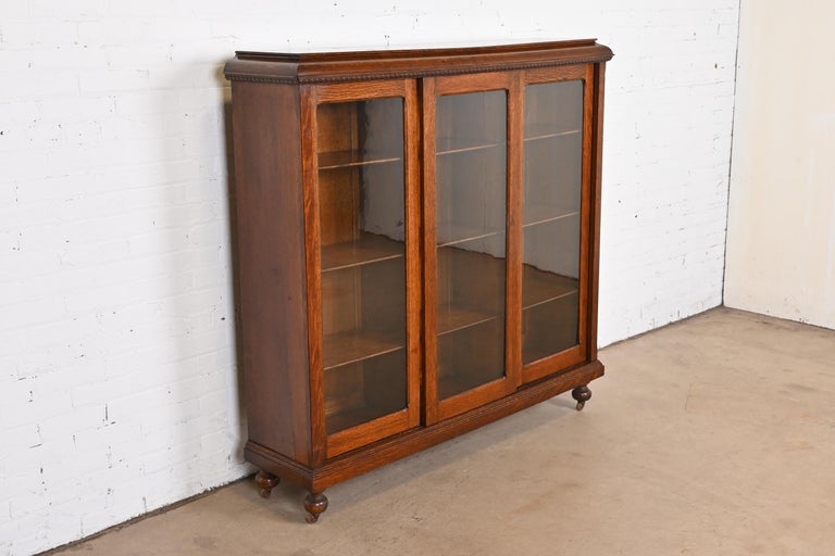 Antique Stickley Style Arts and Crafts Oak Glass Front Triple Bookcase ...