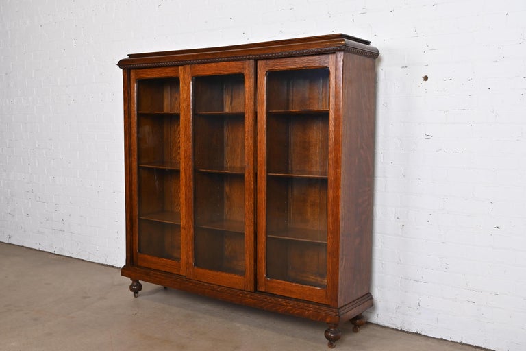 Antique Stickley Style Arts and Crafts Oak Glass Front Triple Bookcase ...