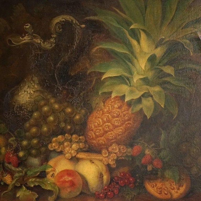 Antikes Stillleben mit Obst und einer Ananas, Original, Öl auf Leinwand ...