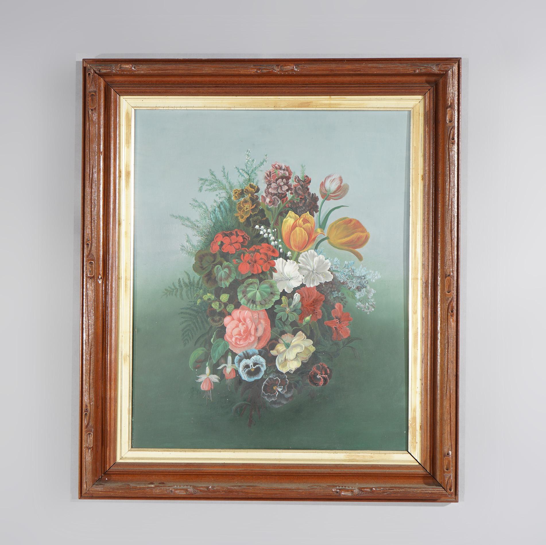 Antique Still Life Oil Painting of Garden Flowers in Walnut Frame 19th C For Sale at 1stDibs