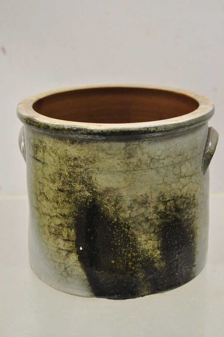 Antique Stoneware Salt Glazed 9" Round Pottery Crock Pot with Blue ...