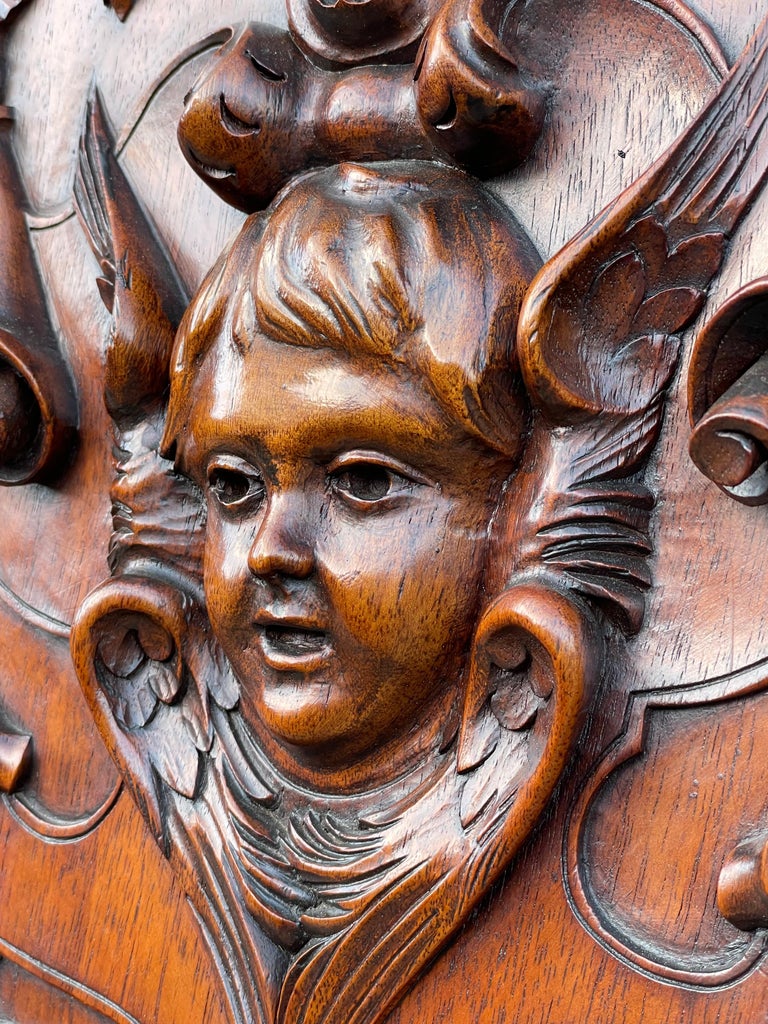 Antique and Stunning Hand Carved Pair of Nutwood Wall Panels with Angel ...