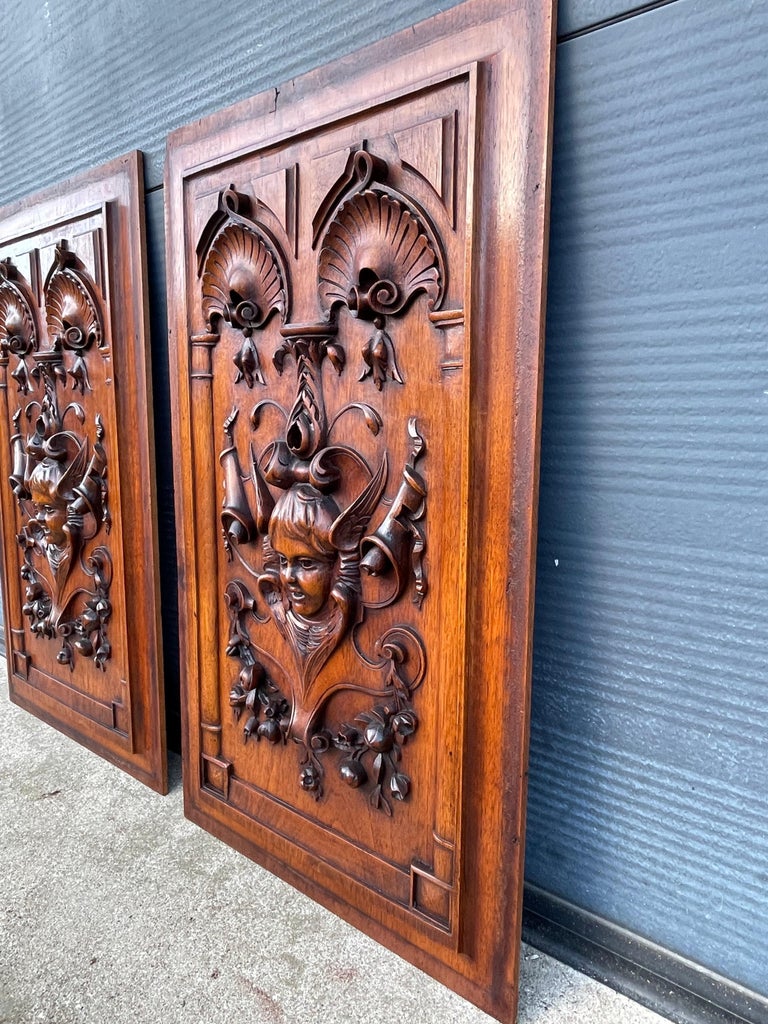 Antique and Stunning Hand Carved Pair of Nutwood Wall Panels with Angel ...