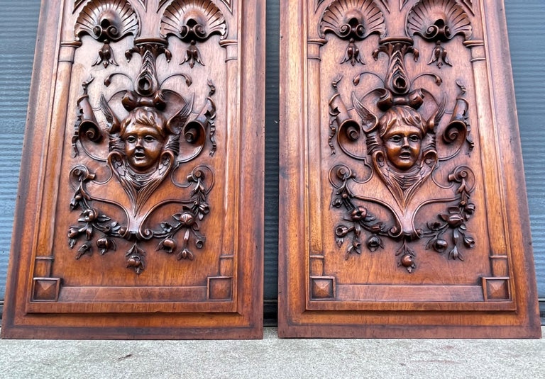 Antique and Stunning Hand Carved Pair of Nutwood Wall Panels with Angel ...
