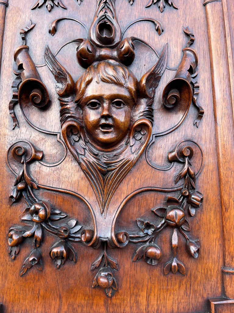 Antique and Stunning Hand Carved Pair of Nutwood Wall Panels with Angel ...