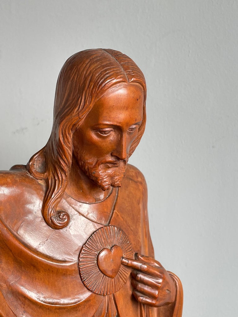Antique and Stunning, Hand Carved Wooden Sacred Heart of Christ ...