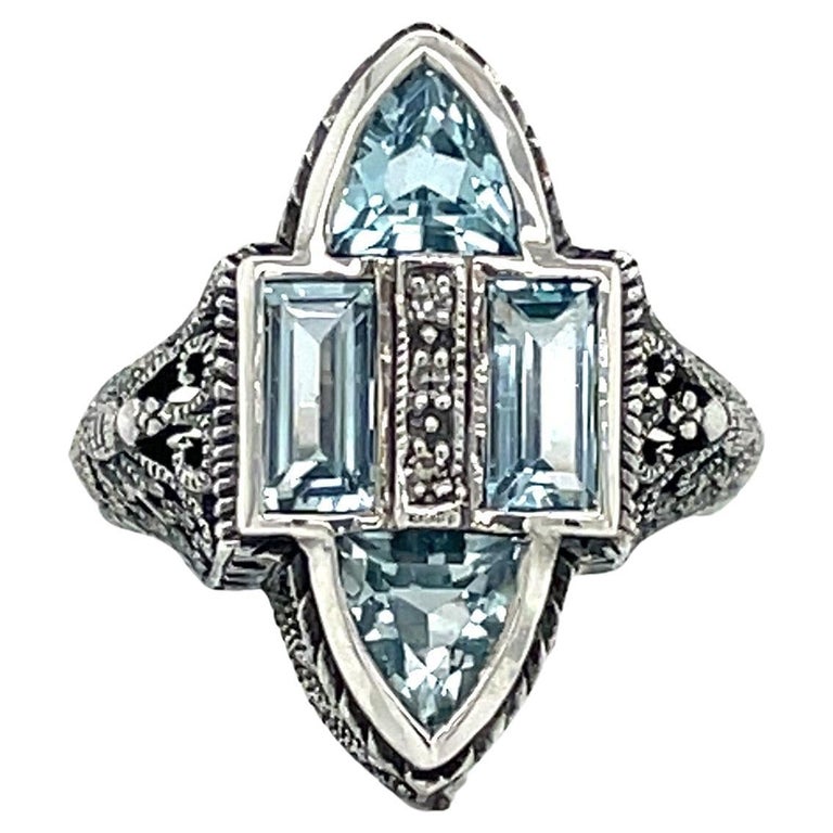 Antique Style Blue Topaz and Diamond Sterling Silver Filigree Ring For ...