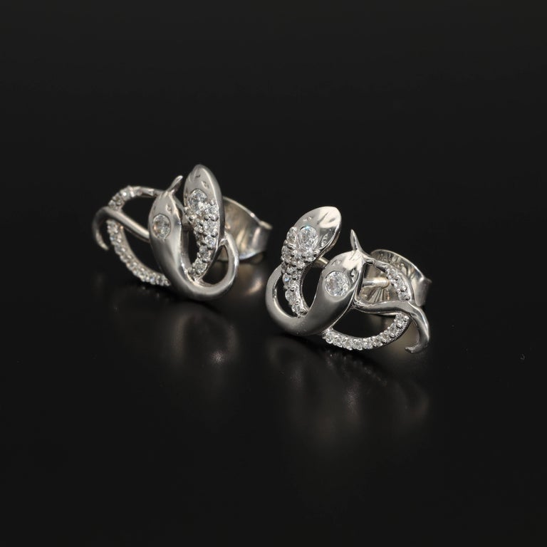 Antique Style CZ Diamond Snake Earrings, Victorian Revival Silver Snake ...