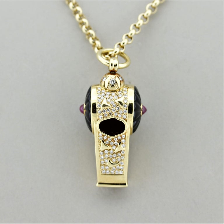 Antique-Style Diamond Ruby Onyx Gold Whistle Pendant at 1stDibs