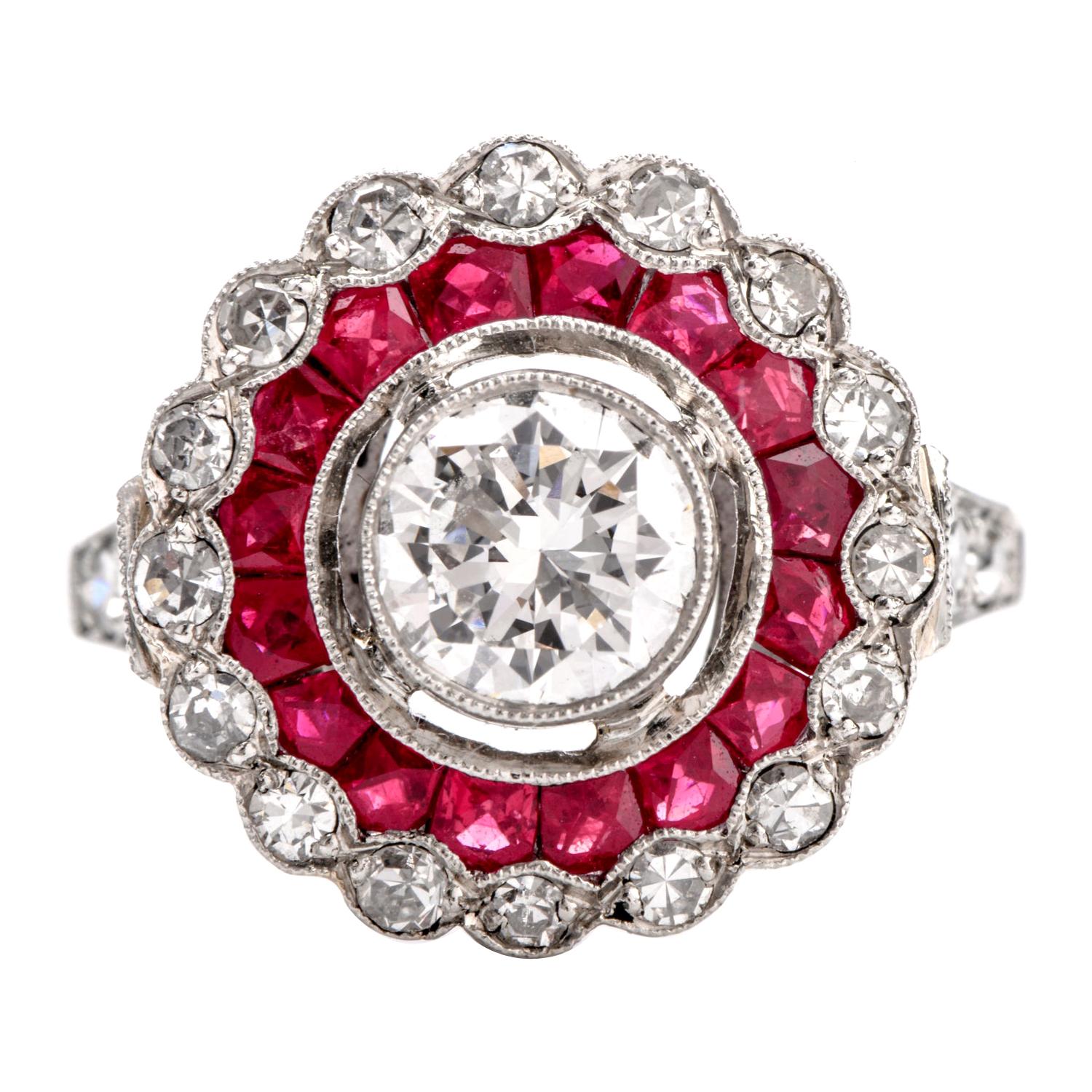 Antique Style Diamond Ruby Platinum Halo Cocktail Engagement Ring at ...