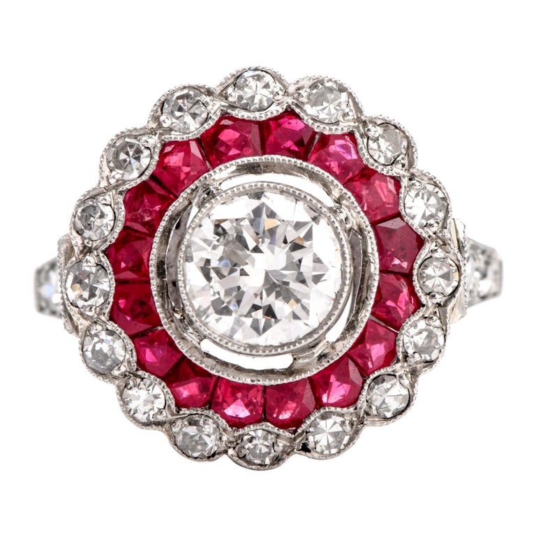 Antique Style Diamond Ruby Platinum Halo Cocktail Engagement Ring at ...