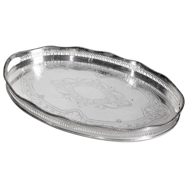 Antique Styled Silver Plated Oval Gallery Serving Tray with Cut Out ...