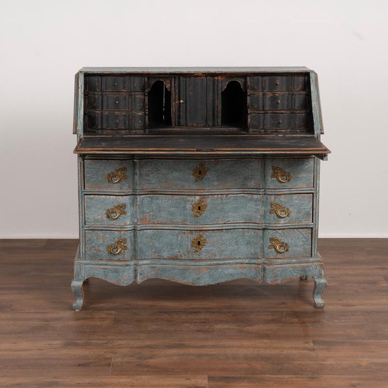 Antique Swedish Blue Painted Oak Rococo Secretary Bureau at 1stDibs