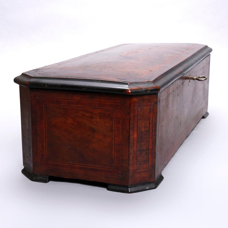 Antique Swiss 12-Tune Cylinder Music Box, Banded Floral Inlaid Burl ...
