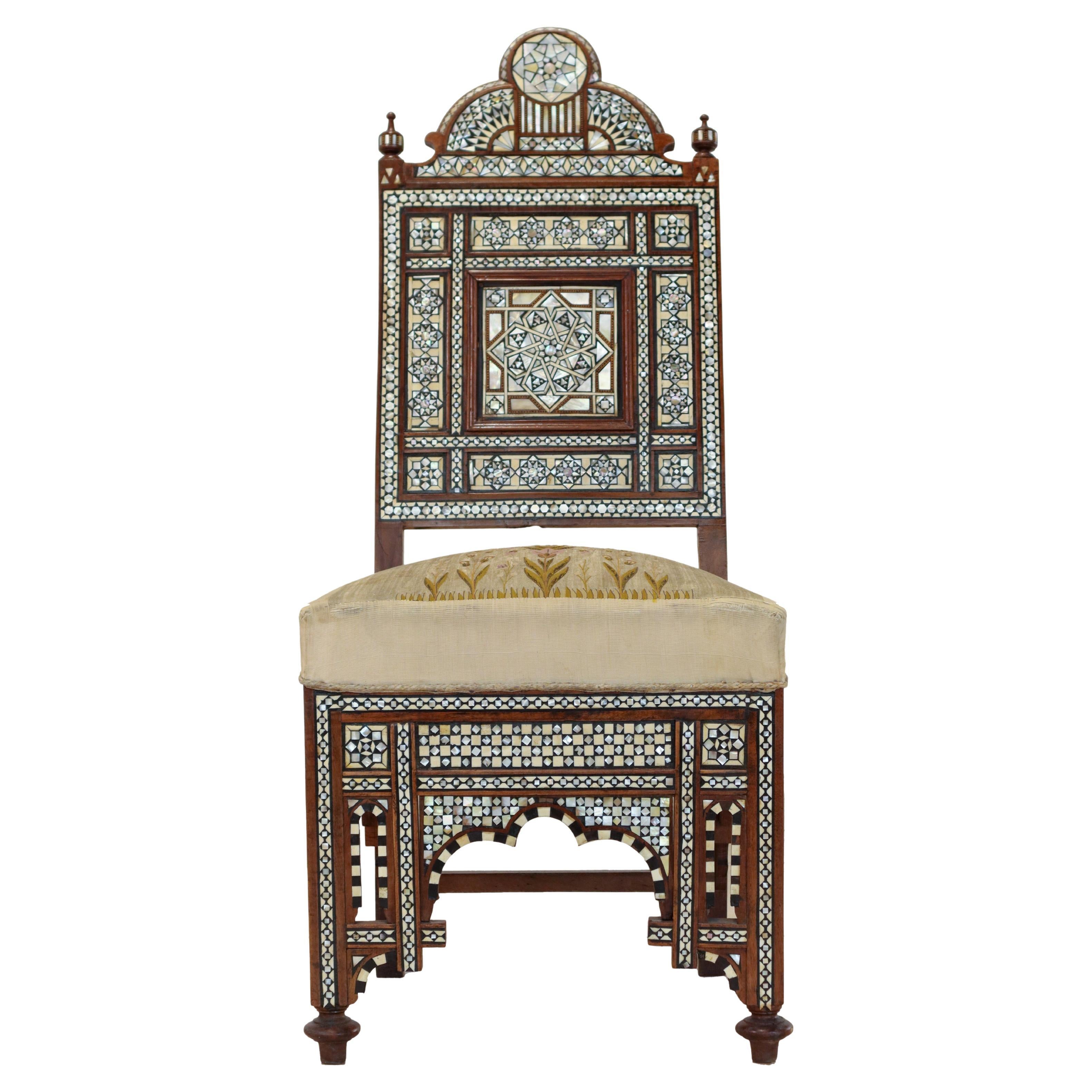 Antique Syrian Inlay Chairs, Walnut, Original Upholstery, Late 19th ...