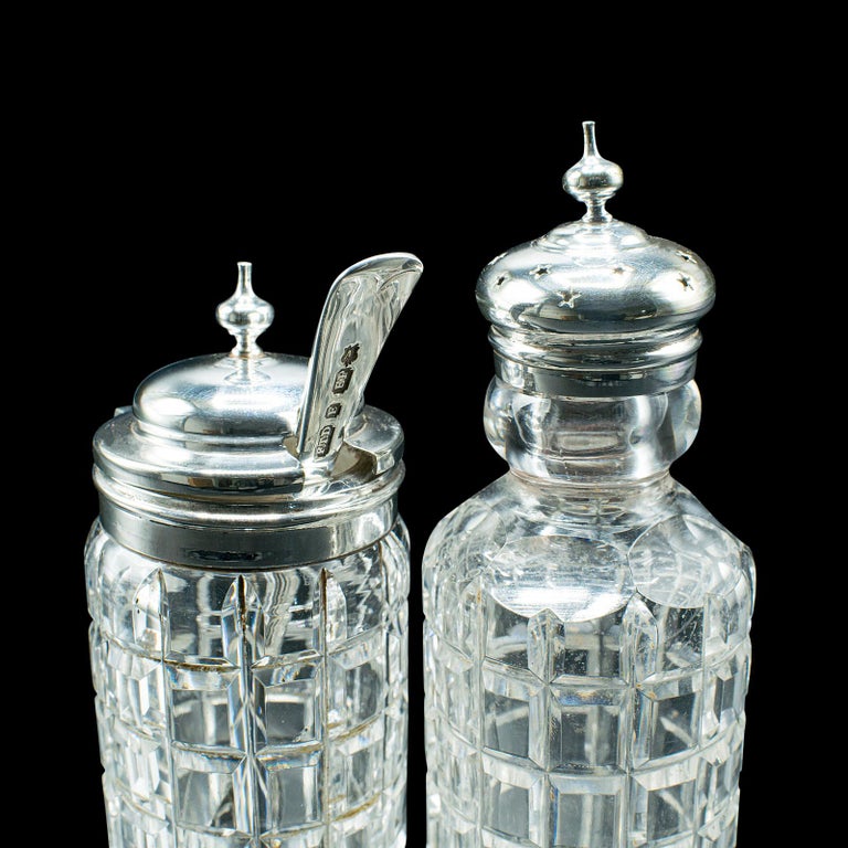 Antique Table Condiment Set, English, Silver Plate, Glass, Cruet ...