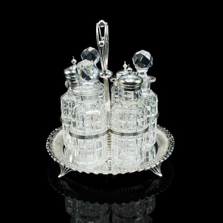 Antique Table Condiment Set, English, Silver Plate, Glass, Cruet ...