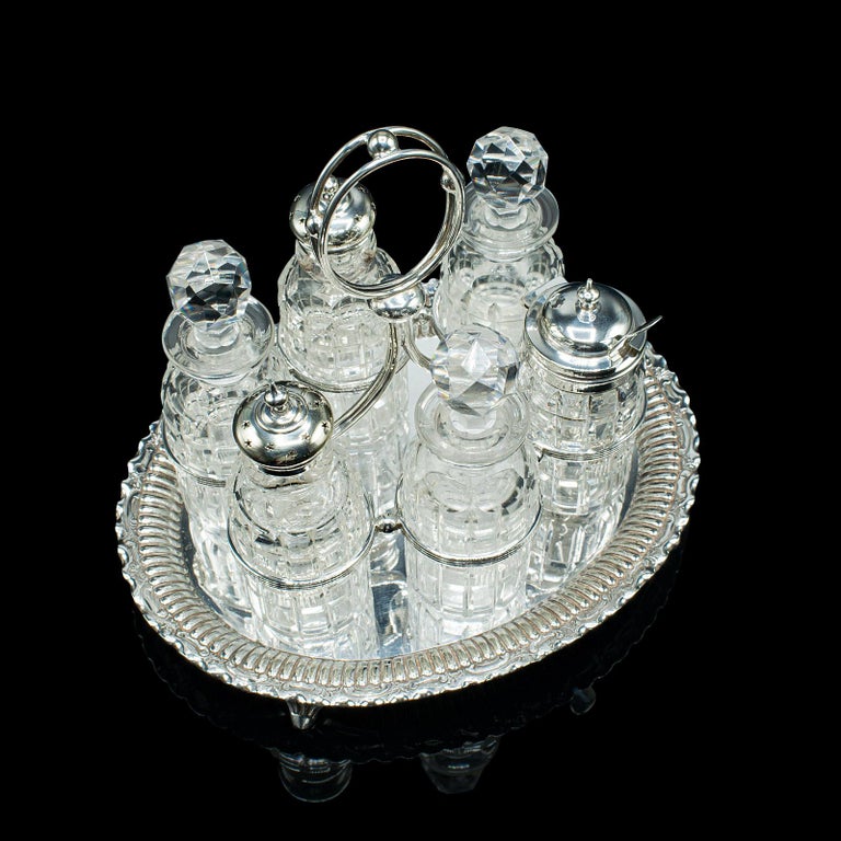 Antique Table Condiment Set, English, Silver Plate, Glass, Cruet ...