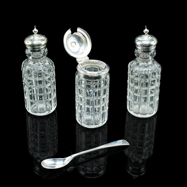 Antique Table Condiment Set, English, Silver Plate, Glass, Cruet ...
