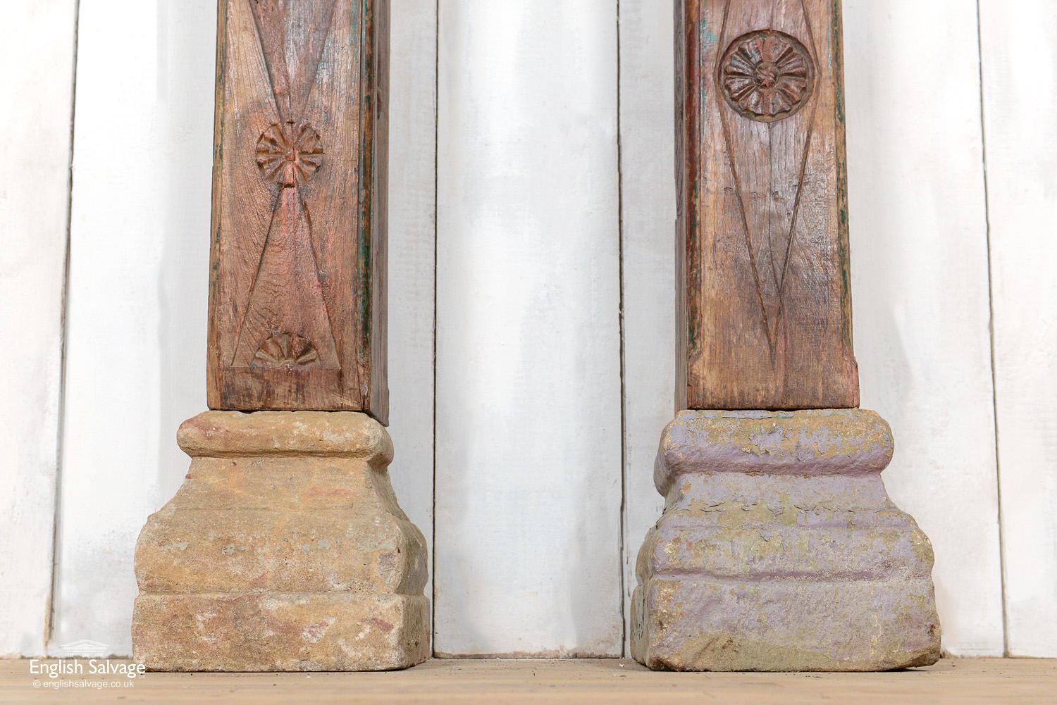 Antique Teak and Stone Wooden Pillar Set, 20th Century For Sale at 1stDibs