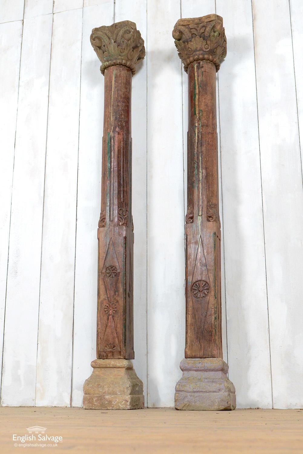 Antique Teak and Stone Wooden Pillar Set, 20th Century For Sale at 1stDibs