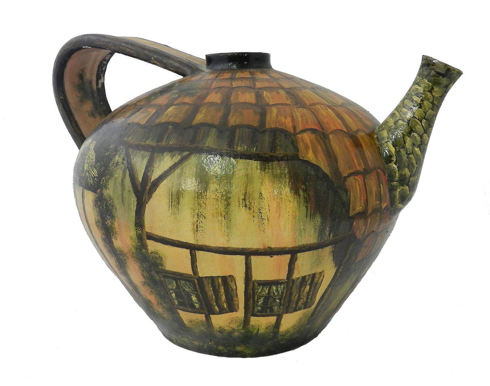 Antique Terracotta Pitcher Basque Jug Hand Painted Artist Signed One of ...