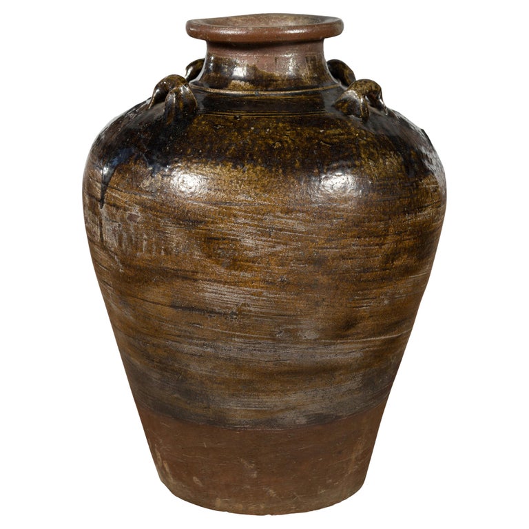 Antique Thai 19th Century Brown Glazed Water Jar with Petite Loop ...