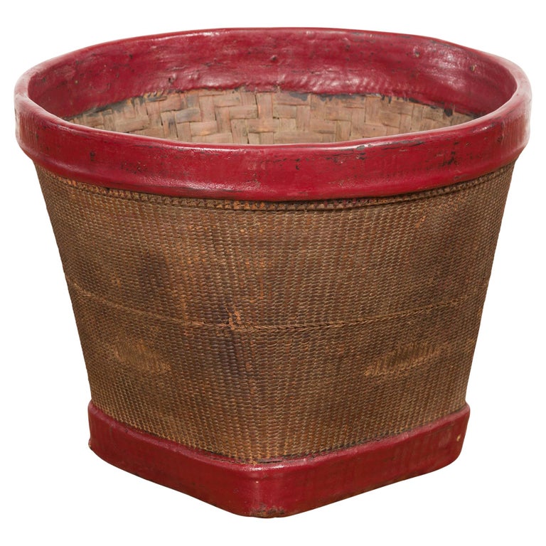 Antique Thai Hand Woven Rattan Grain Basket with Red Lacquered Border ...