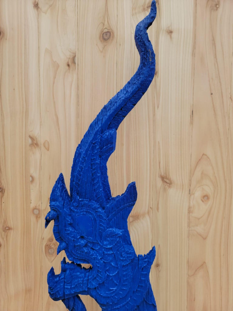 Antique Thai Teak Blue Hand Painted Chofa For Sale at 1stDibs
