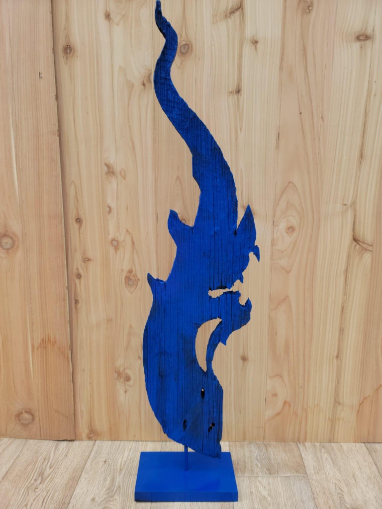 Antique Thai Teak Blue Hand Painted Chofa For Sale at 1stDibs