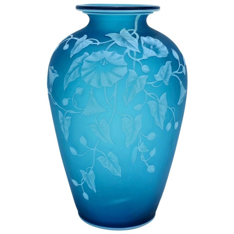 Antique Thomas Webb and Sons Blue Cameo Art Glass Vase with Morning ...
