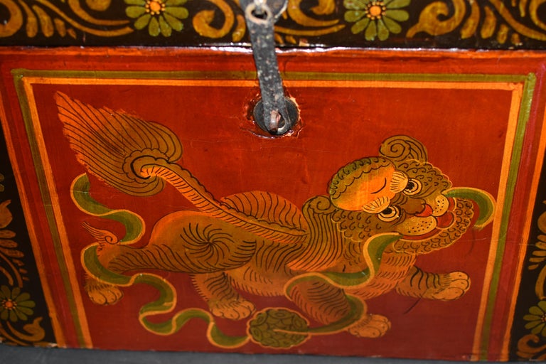 Antique Tibetan Foo Dog Box Hand Painted at 1stDibs