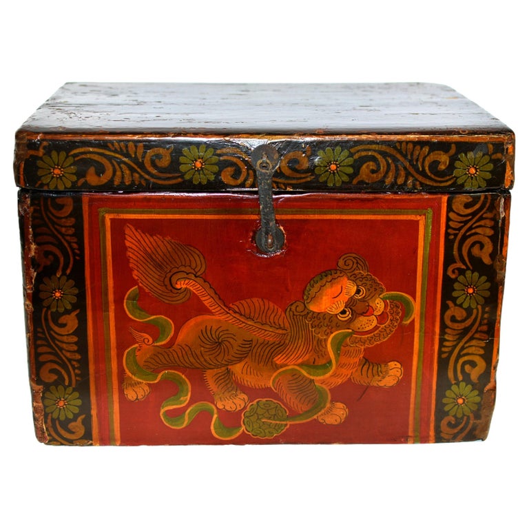 Antique Tibetan Foo Dog Box Hand Painted at 1stDibs