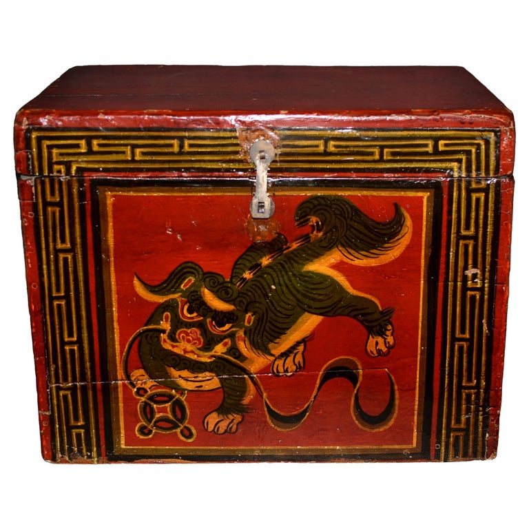 Antique Tibetan Hand Painted Foo Dog Box at 1stDibs