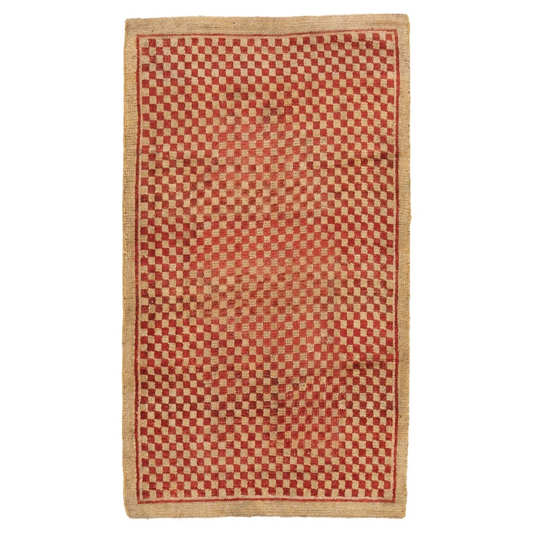 Antique Tibetan Red and White Checkerboard Design Meditation Rug For ...