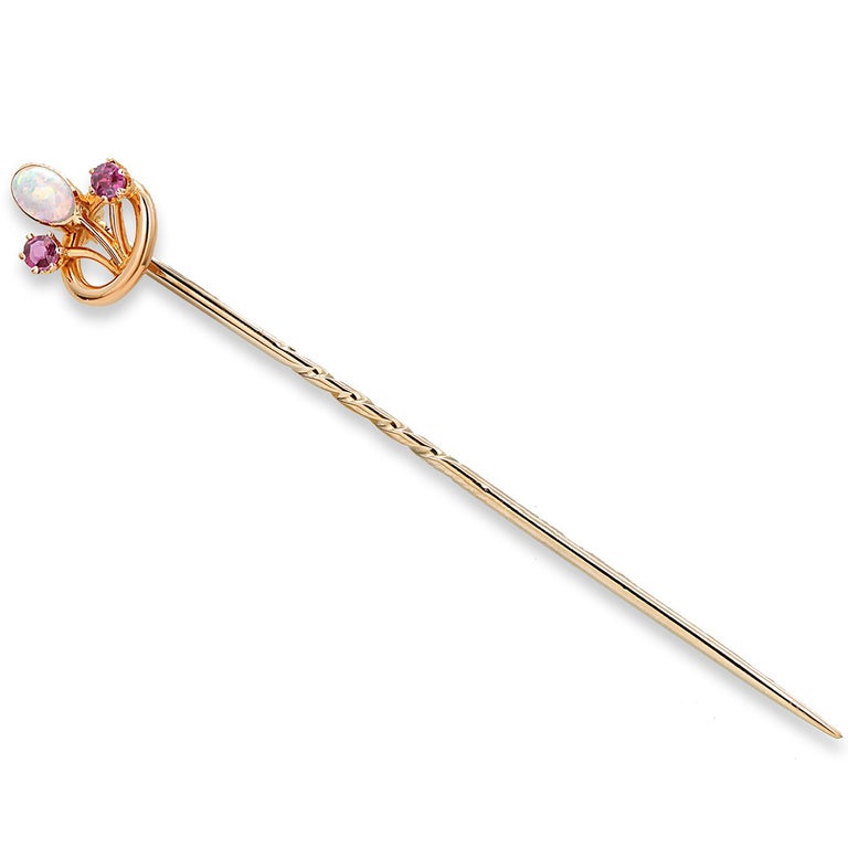 Antique Tie Pin with Opal and Ruby Fifteen Karat Yellow Gold For Sale ...