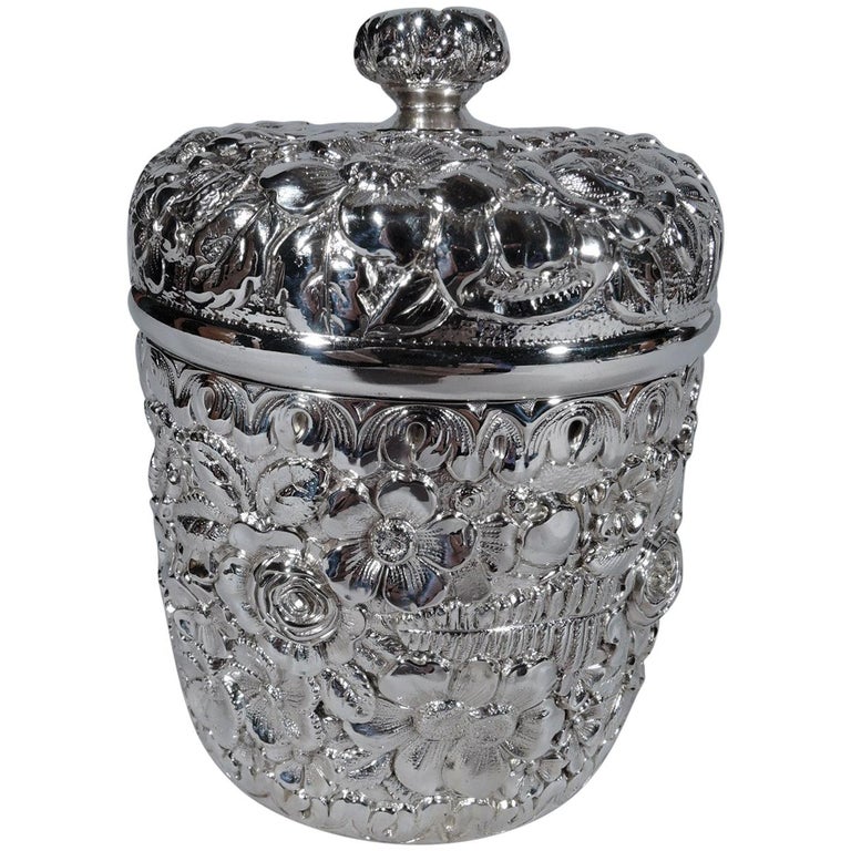 Antique Tiffany Repousse Sterling Silver Tea Caddy For Sale at 1stDibs