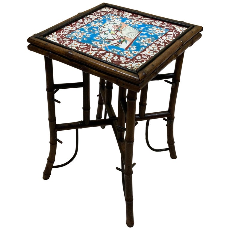 Antique Top Tile Bamboo Small Table For Sale at 1stDibs