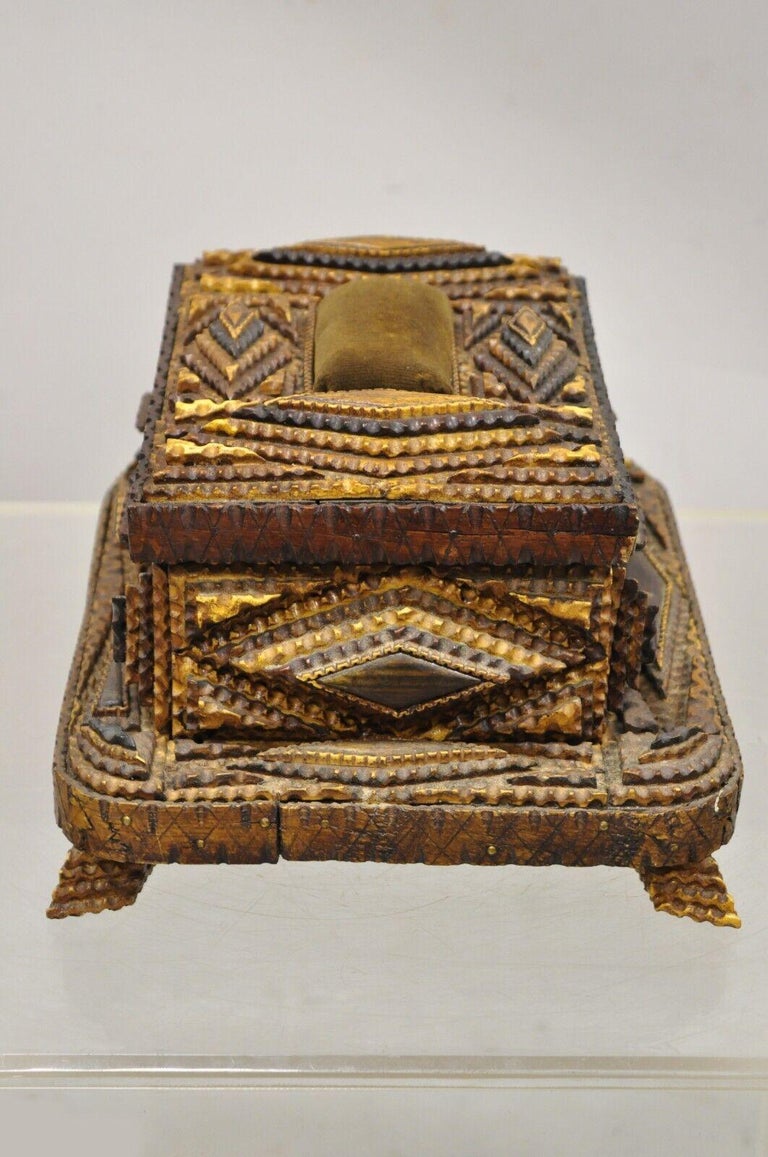 Antique Tramp Art Diamond 2 Tier Hinged Wood Jewelry Presentation Box ...