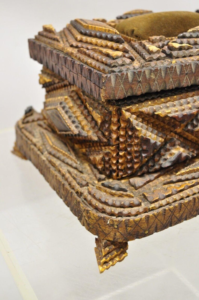 Antique Tramp Art Diamond 2 Tier Hinged Wood Jewelry Presentation Box ...