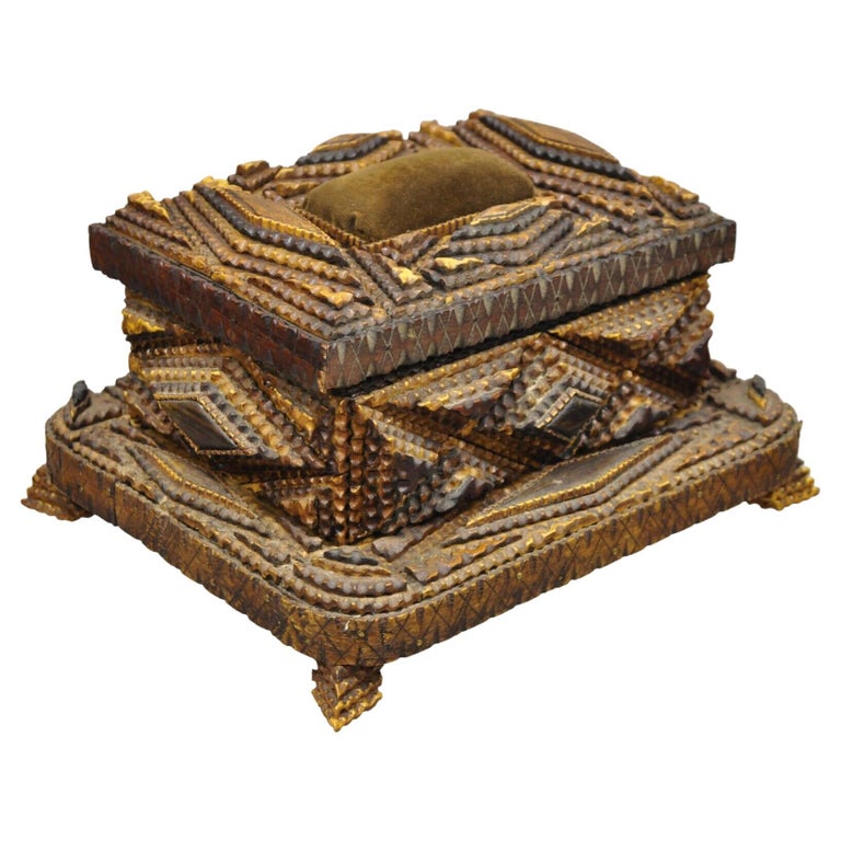 Antique Tramp Art Diamond 2 Tier Hinged Wood Jewelry Presentation Box ...