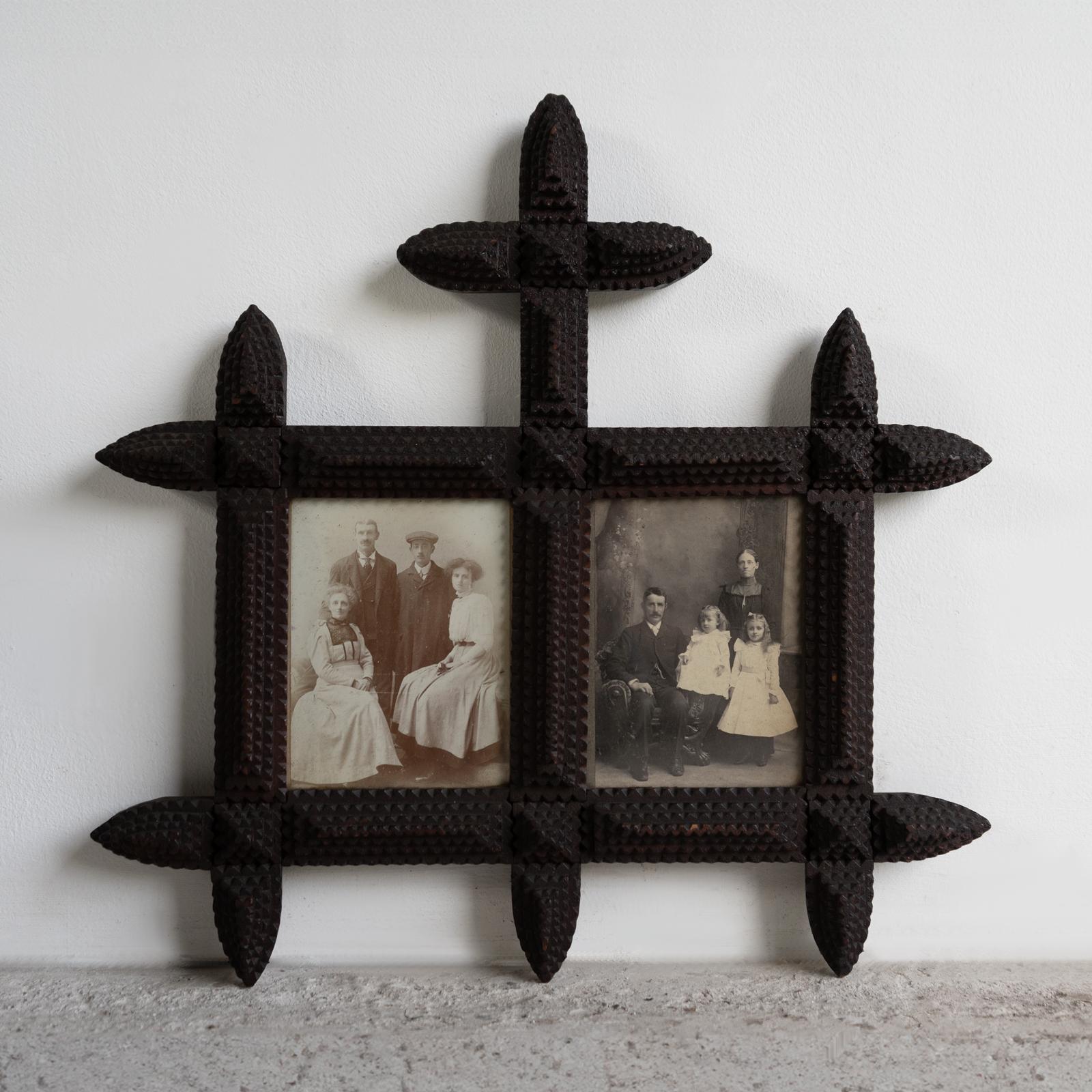 Antique Tramp Art Double Picture Frame With Original Portrait ...