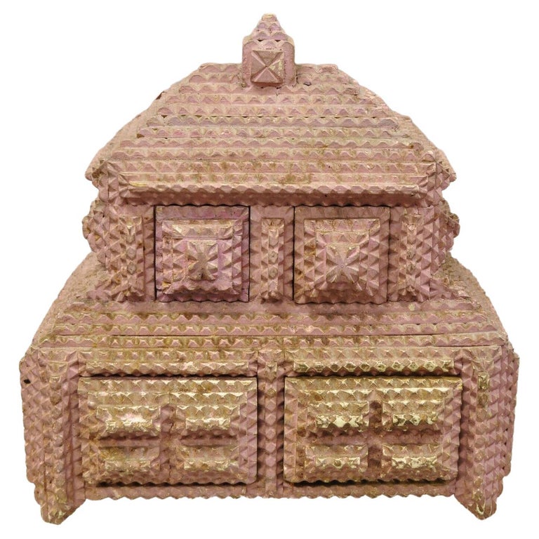 Antique Tramp Art Pink 4 Drawer Wood 2 Tier Pyramid Jewelry ...