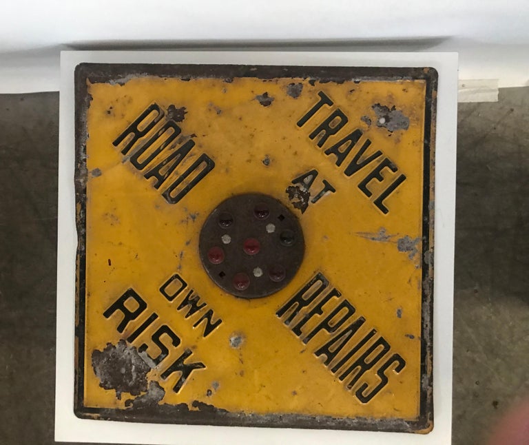 Antique "TRAVEL AT OWN RISK" Sign, Enamel with Original Button ...